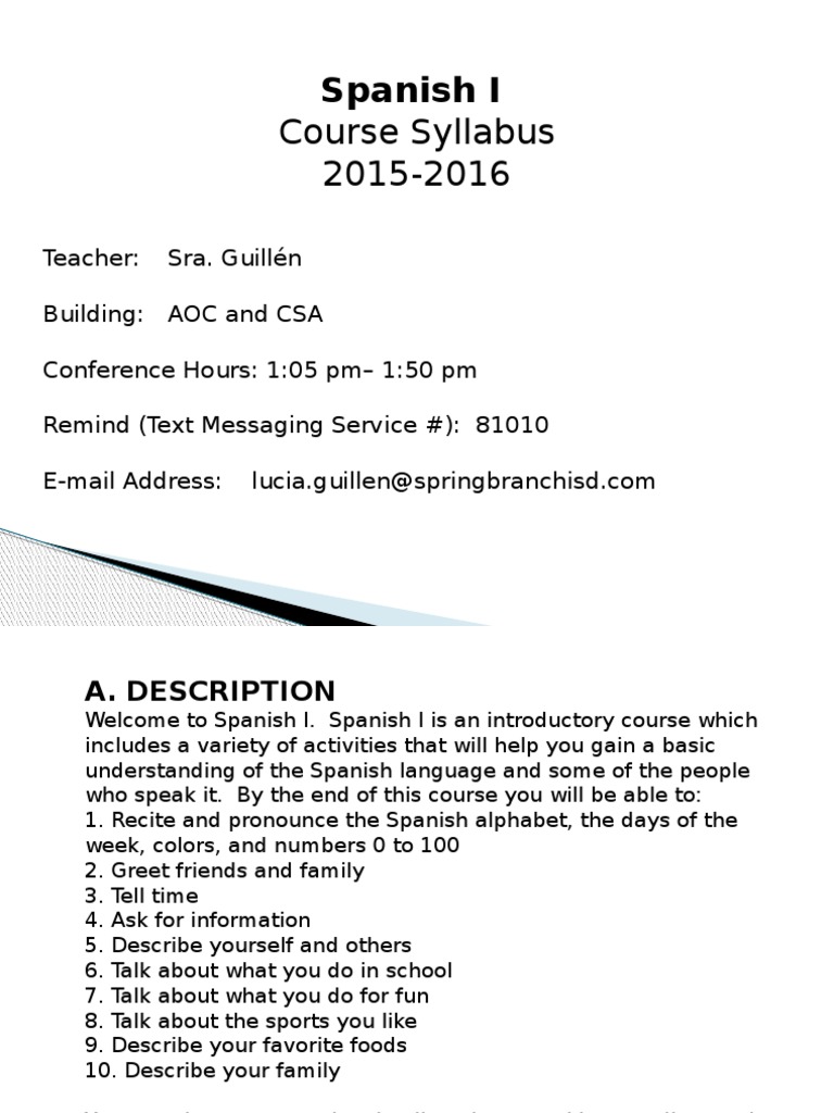 Course Syllabus Spanish I 2015-2016 | PDF | Quiz | Test (Assessment)