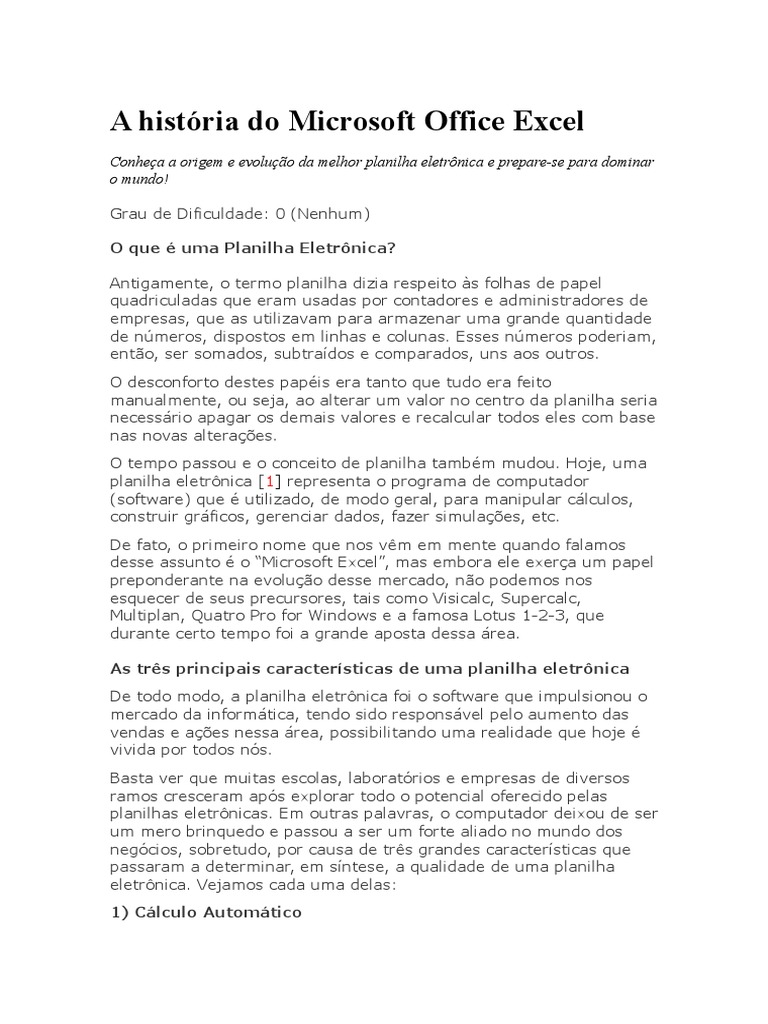 A História Do Microsoft Office Excel | PDF | Microsoft Excel | Planilha