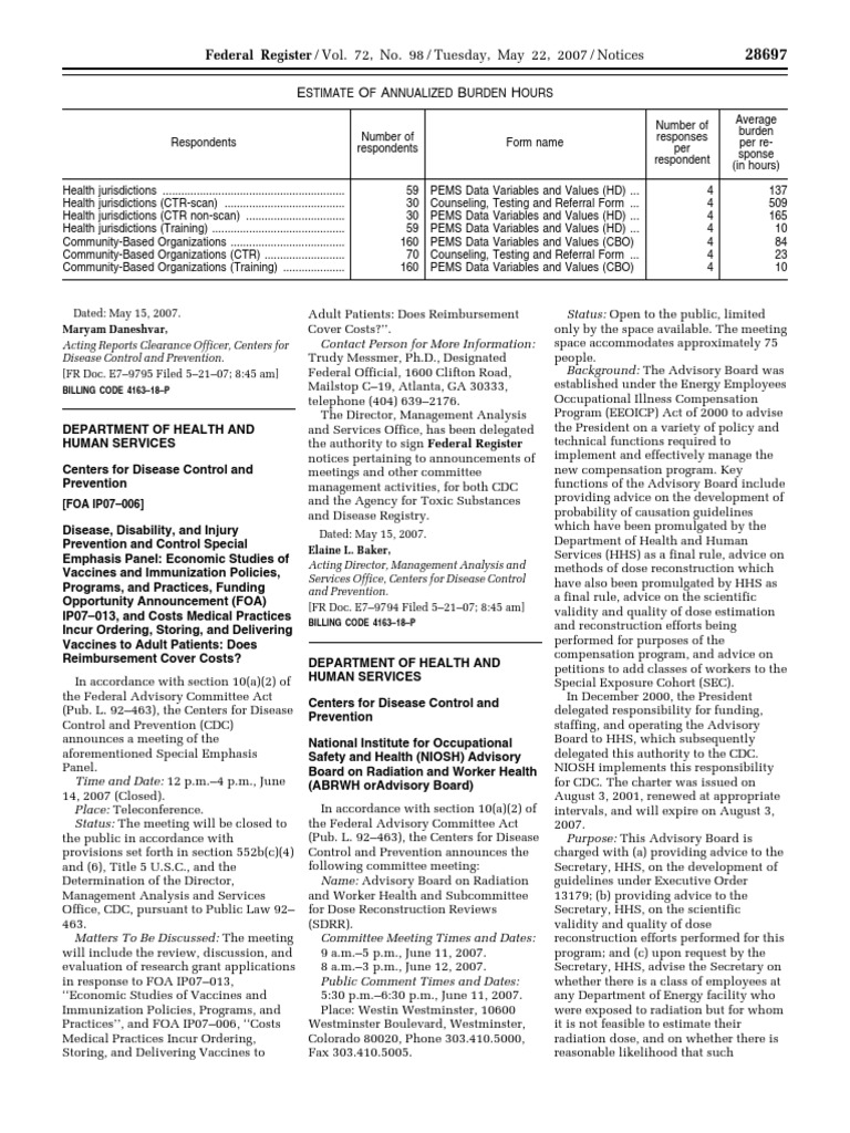 Notice: Meetings: Disease, Disability, and Injury Prevention and ...