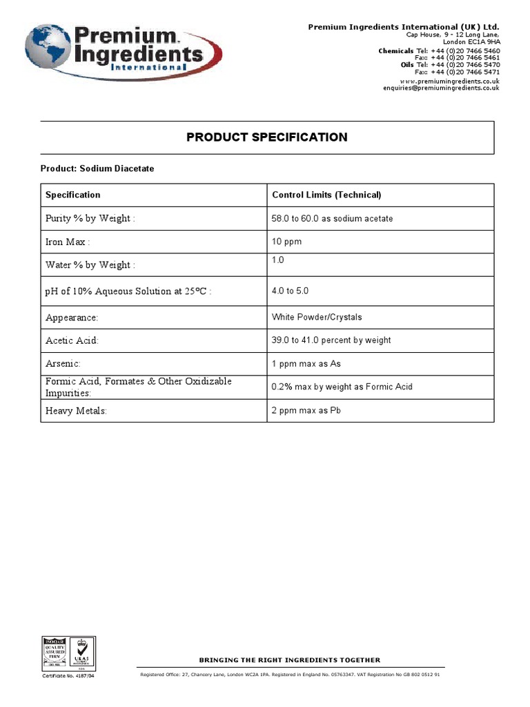 Sodium Diacetate Product Specification | PDF | Acetate | Atoms
