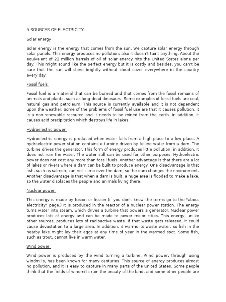5 Sources Of Electricity Pdf Fossil Fuels Hydroelectricity