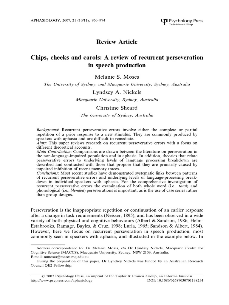 Review Recurrent Perseveration | PDF | Priming (Psychology) | Aphasia