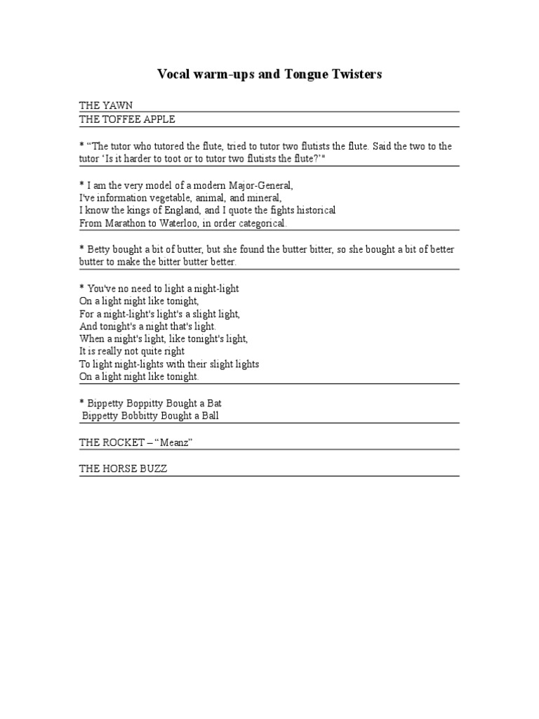 Vocal Warm-Ups and Tongue Twisters | PDF