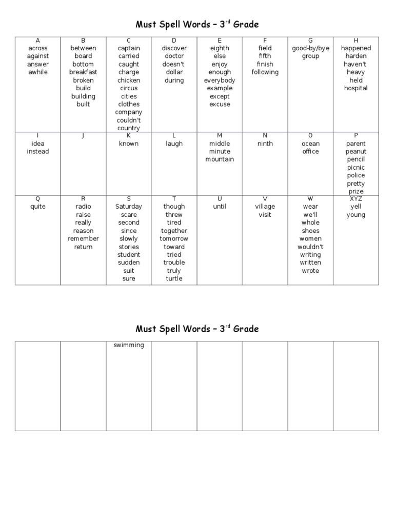 Must Spell Words-3rd Grade | PDF