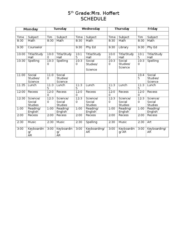 5th Grade Weekly Class Schedule | PDF