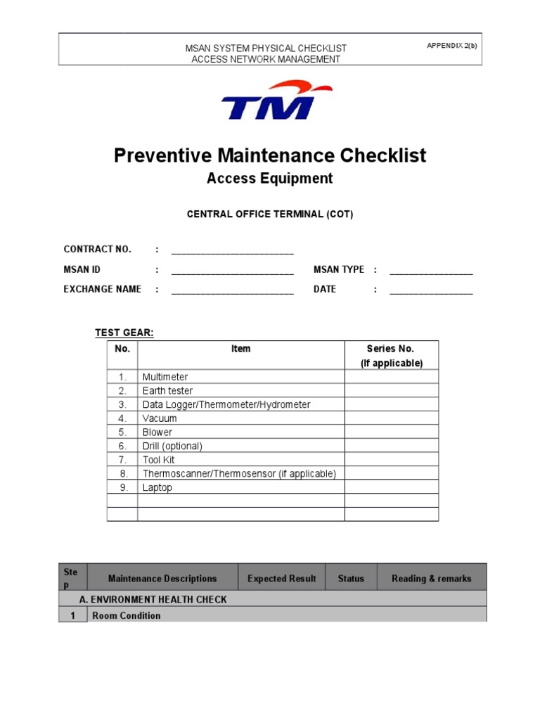 TM Malaysia MSAN Physical Checklist | Battery (Electricity) | Rectifier