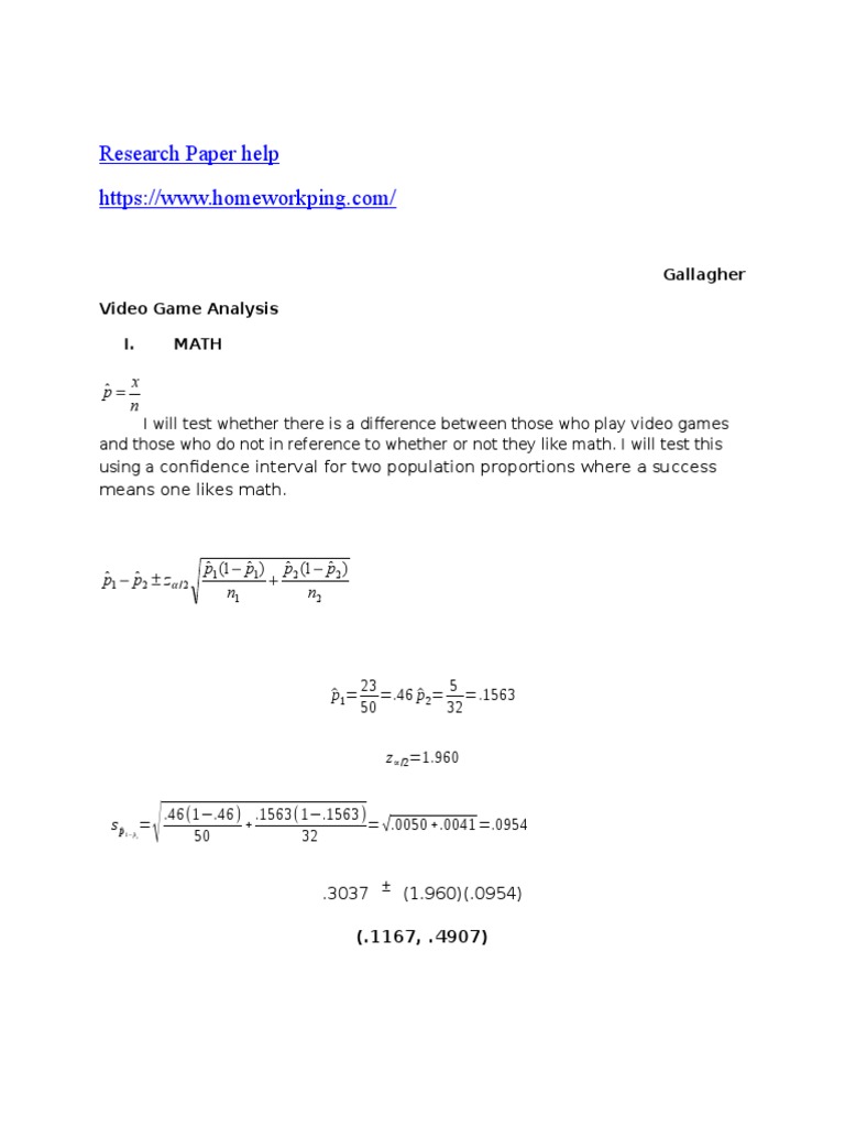 Research Paper Help: Gallagher Video Game Analysis I. Math | PDF | P ...