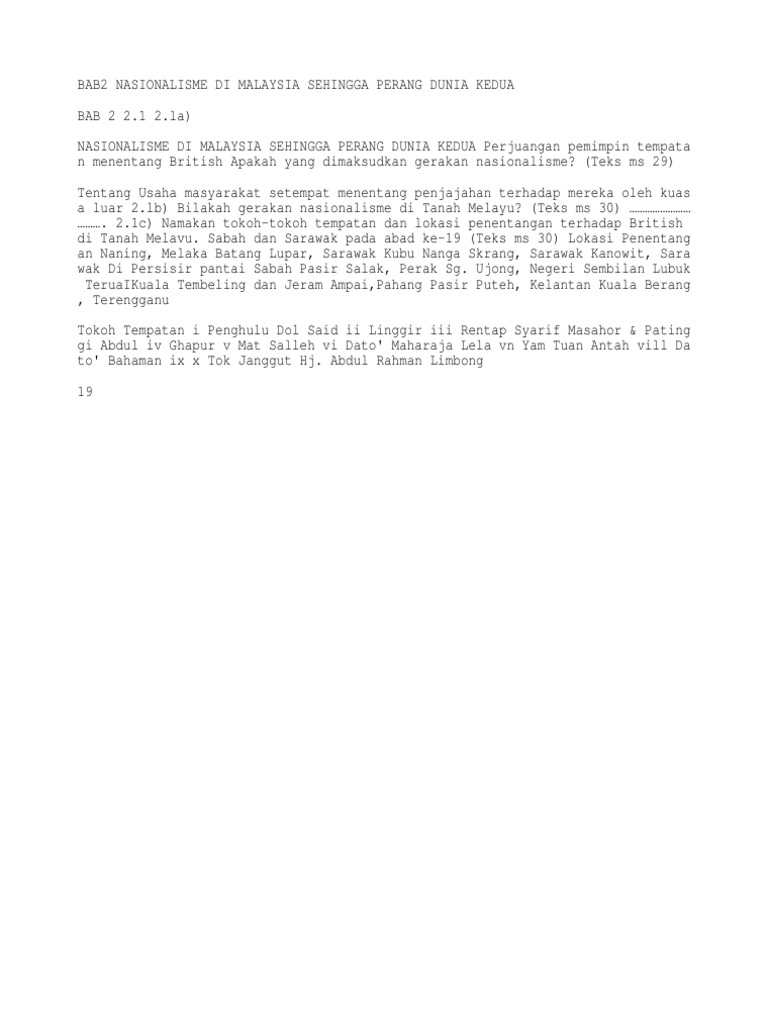 Nota Sejarah Tingkatan 5 Bab 2 Nasionalisme Di Malaysia Sehingga Perang ...