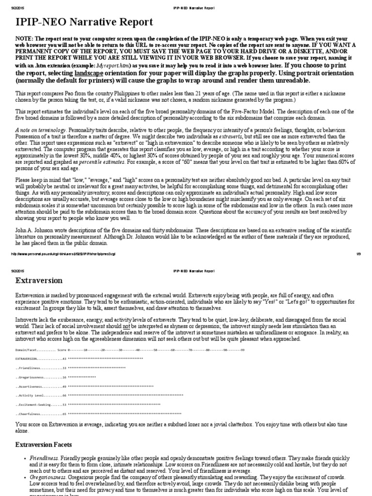 IPIP-NEO Narrative Report | Extraversion And Introversion | Impulsivity