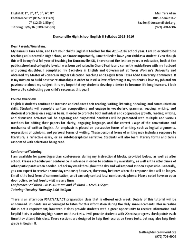 English II Syllabus 2015-2016 | PDF | Genre | Reading (Process)