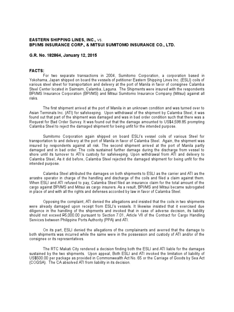Eastern Shipping Lines v. BPI/MS Insurance Corp | PDF | Bill Of Lading ...