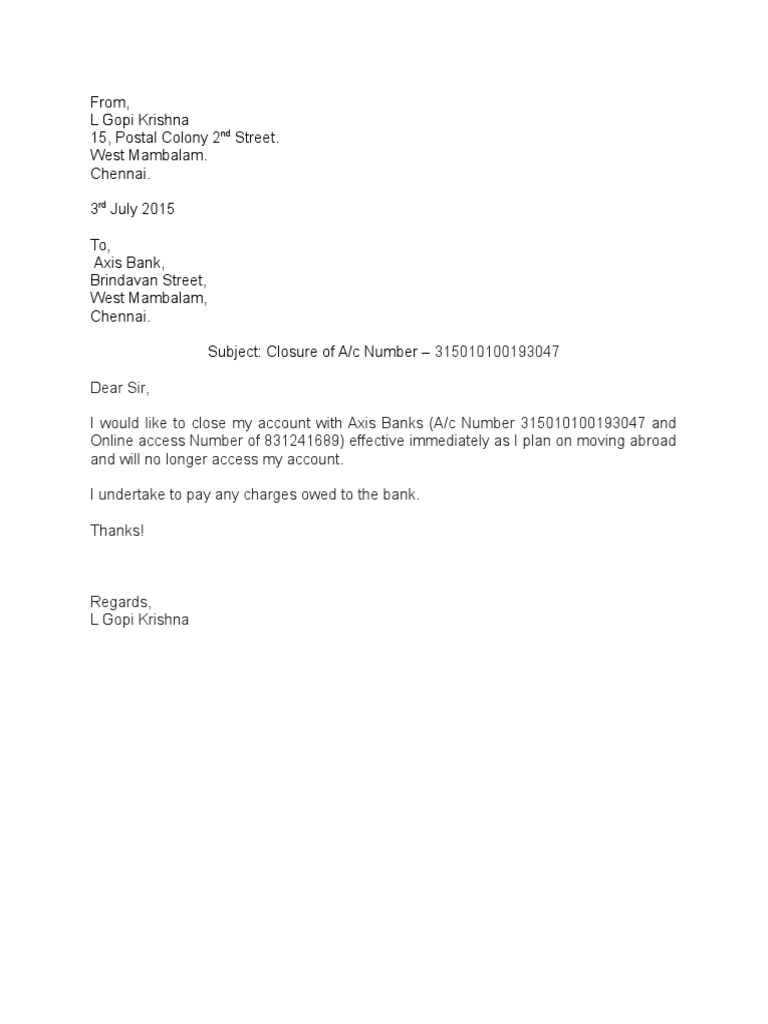 Account Closure Request to Axis Bank | PDF