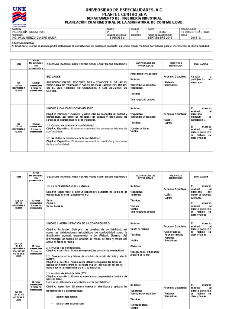 Programa y Tipos de Confiabilidad | PDF | Calidad (comercial) | Maestros