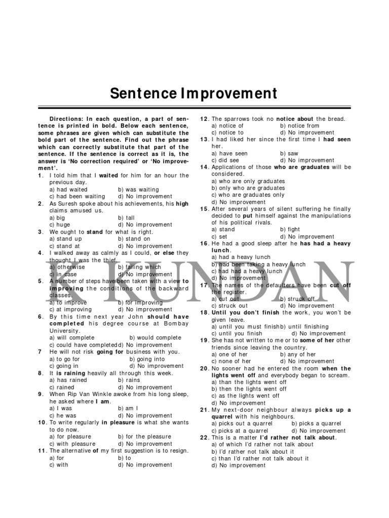 Sentence Improvement For SSC Exams | PDF | Verb | Adverb