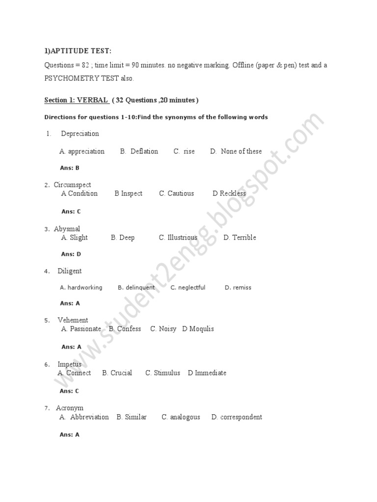 1) Aptitude Test:: Directions For Questions 1-10:find The Synonyms of ...
