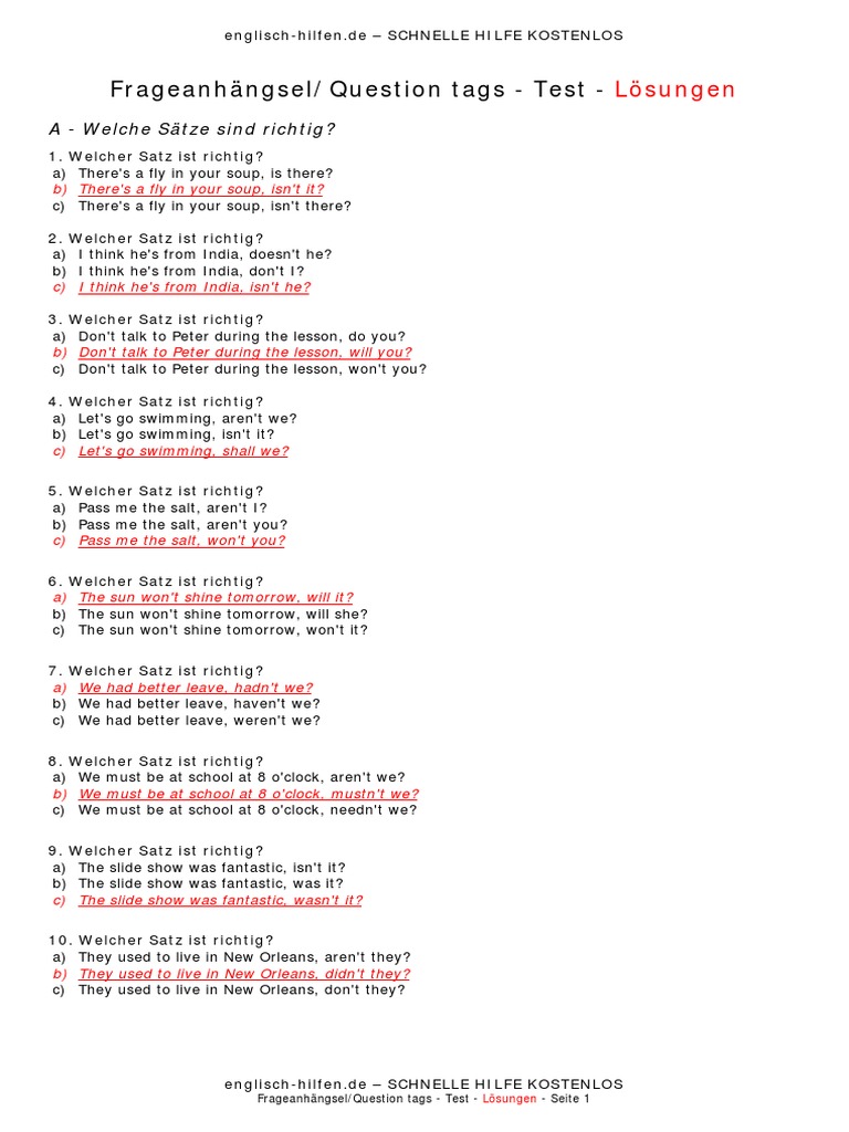 Question Tags Test and Answers | PDF | Leisure