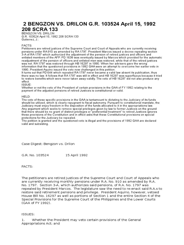 Bengzon vs. Drilon | PDF | Veto | Supreme Courts