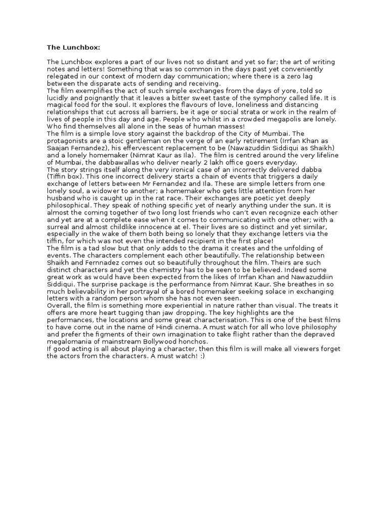 The Lunchbox - Movie Review | PDF | Leisure