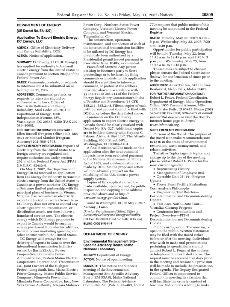 Notice: Electricity Export and Import Authorizations, Permits, Etc.: DC ...