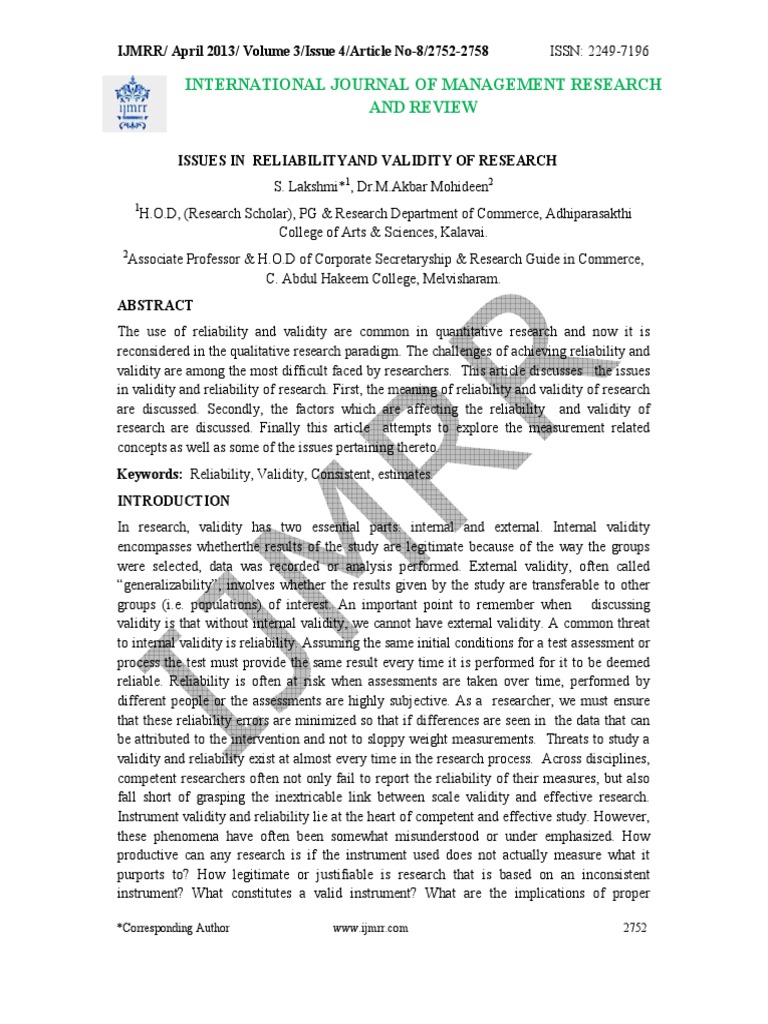 Reliability and Validity of Research | Download Free PDF | Validity (Statistics) | Cronbach's Alpha