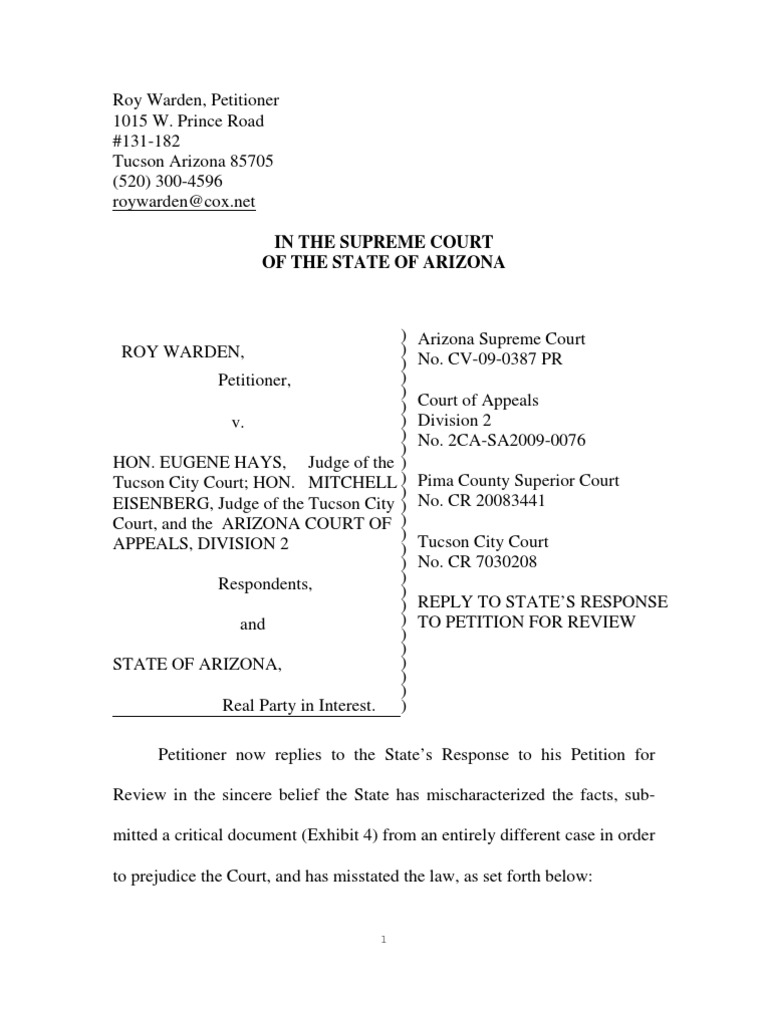 Warden Reply Brief To State Response To Petition For Review To Arizona ...