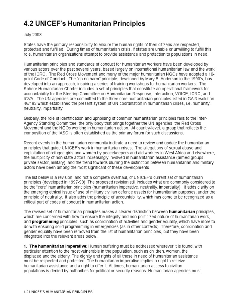 UNICEF Humanitarian Principles Overview | PDF