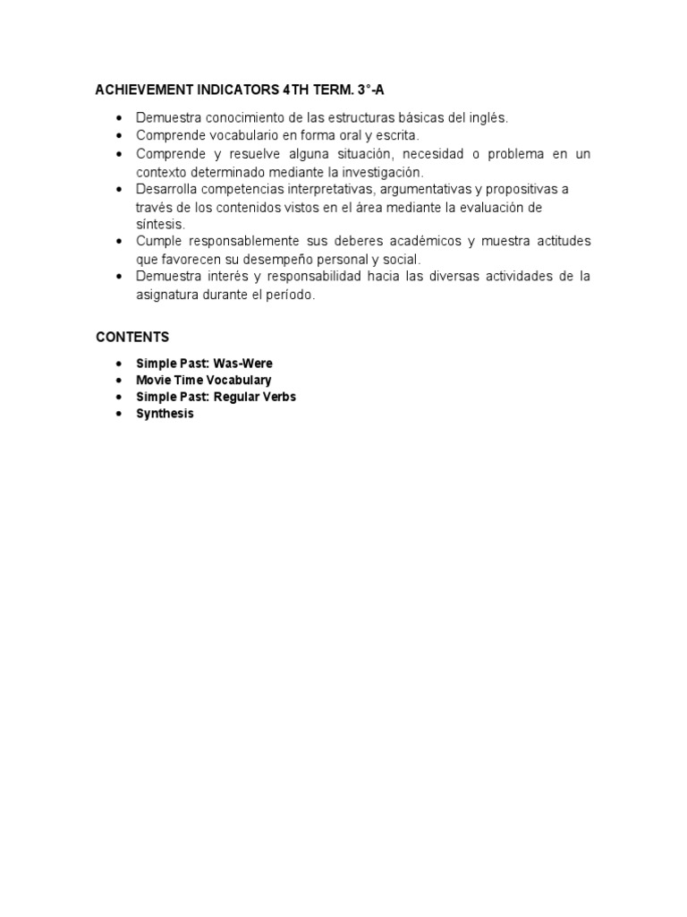 Achievement Indicators 4TH Term 3°-A | PDF | Artes del Lenguaje y ...