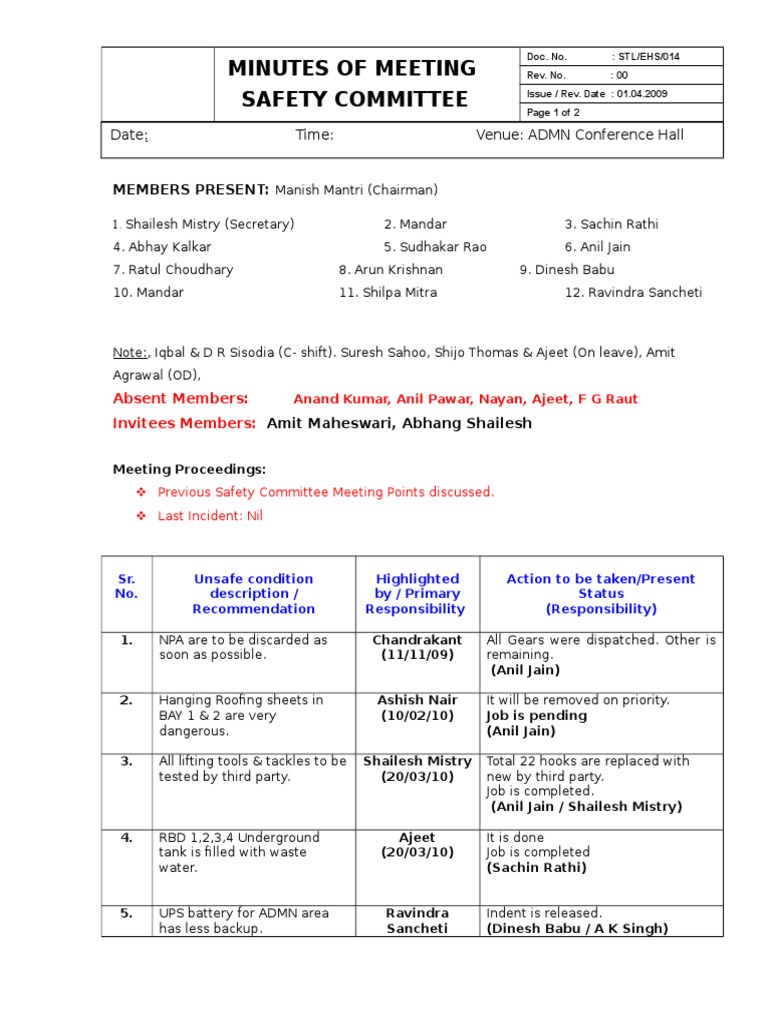 Safety Committee Meeting Minutes | PDF