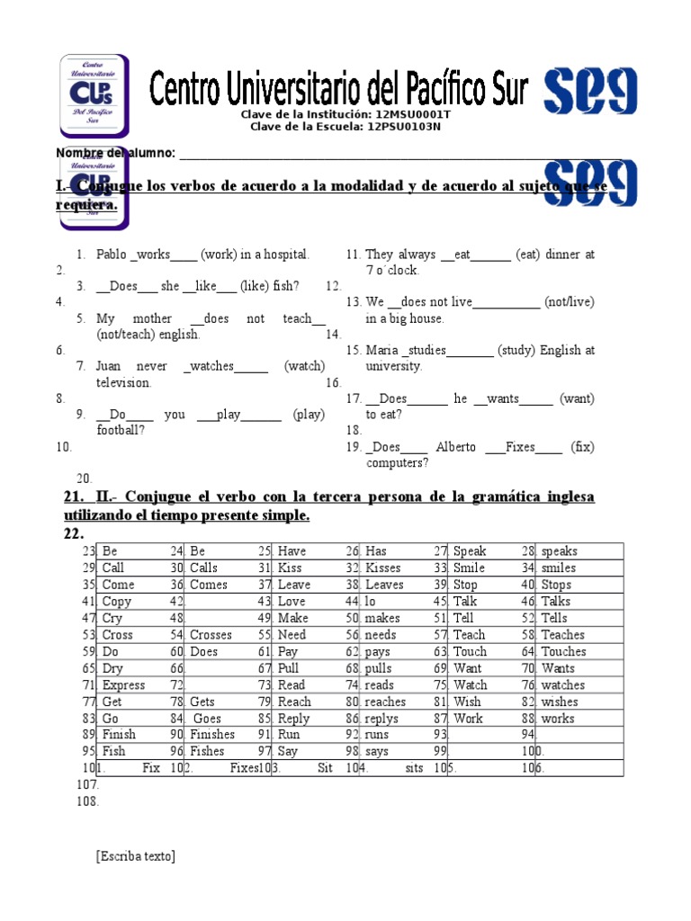 English Verb Conjugation Exercises | PDF | Self-Improvement