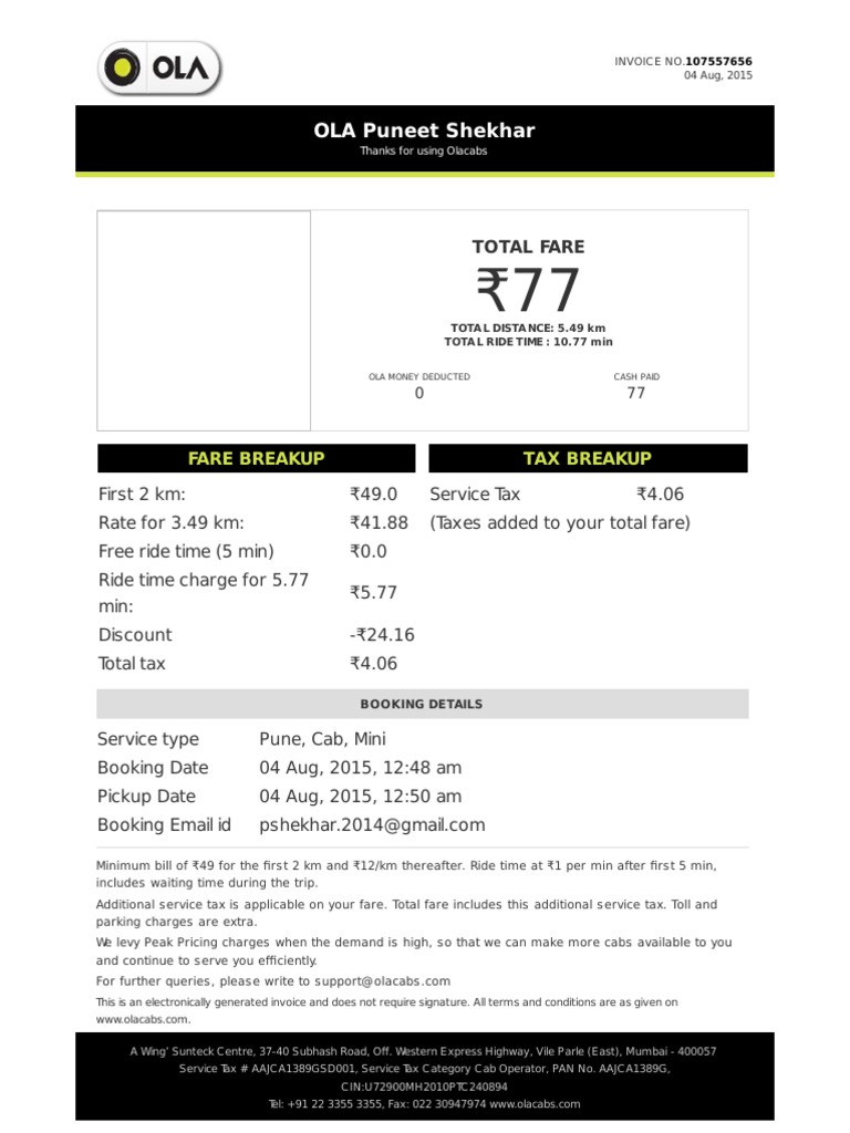 Fare Breakdown for OLA Invoice 107557656 | PDF