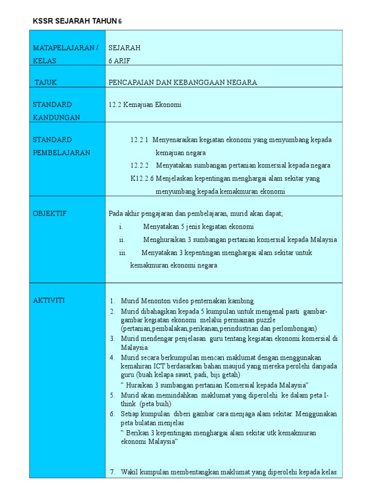 RPH KSSR Sejarah Tahun 6 | PDF