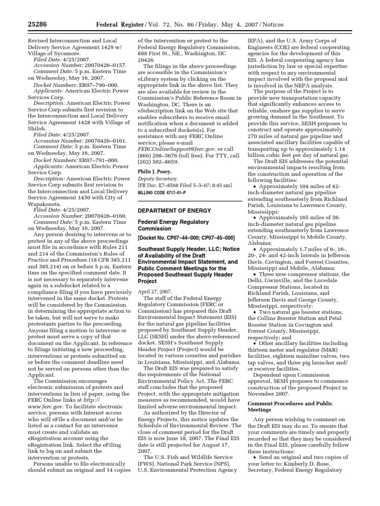 Notice: Environmental Statements Availability, Etc.: Southeast Supply ...