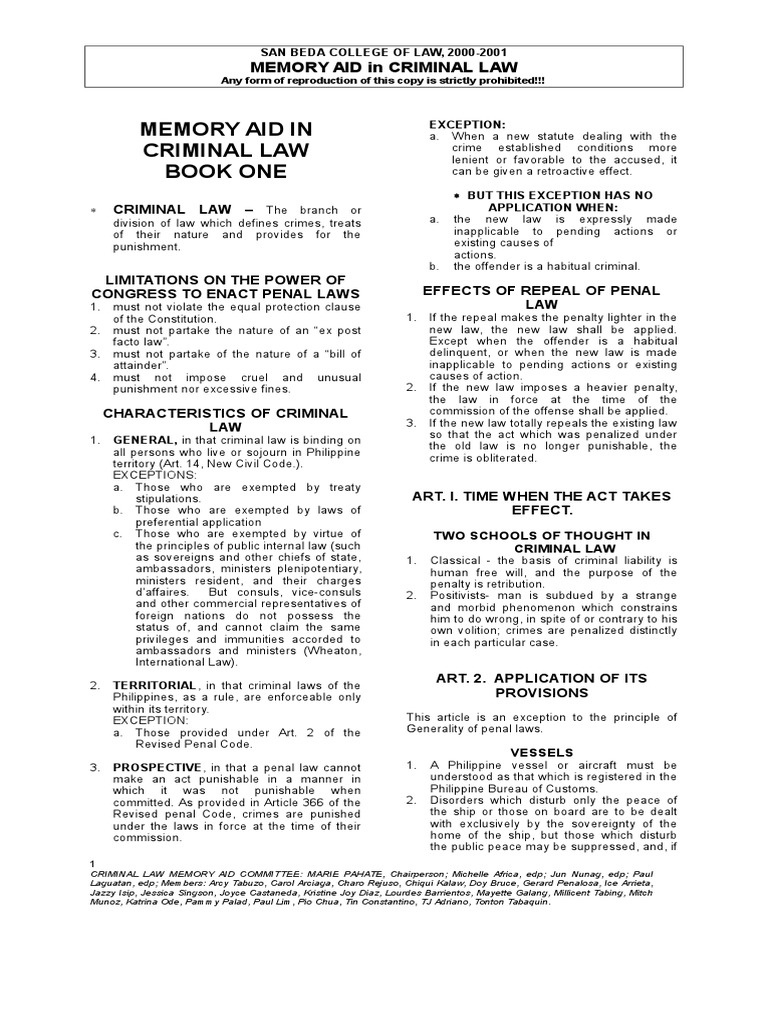 Memory Aid - Book I of RPC | PDF | Assault | Crime & Violence