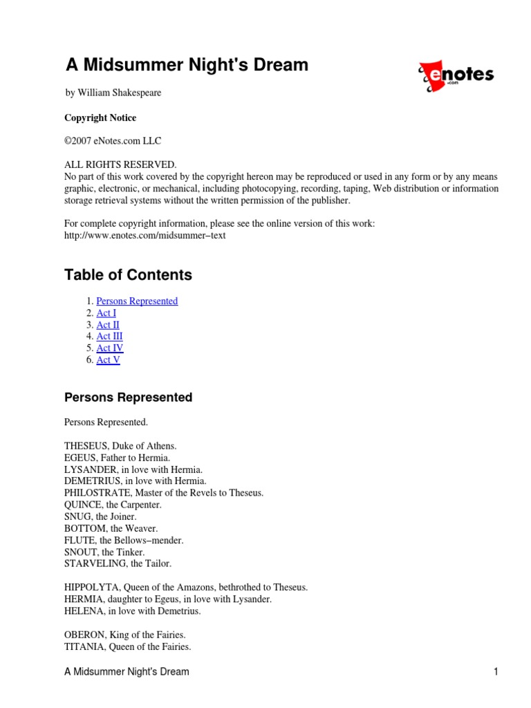 William Shakespeare's A Midsummer Night's Dream Summary | PDF | A ...