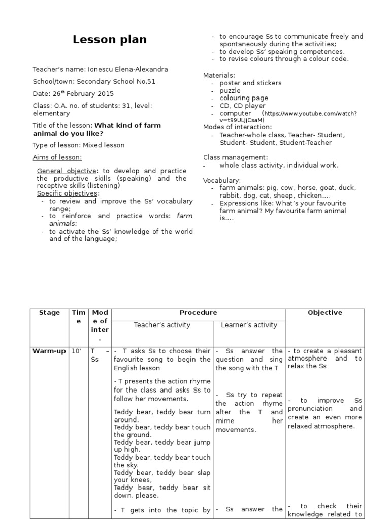 plan de lectie engleza pregatitoar | Vocabulary | Cognition