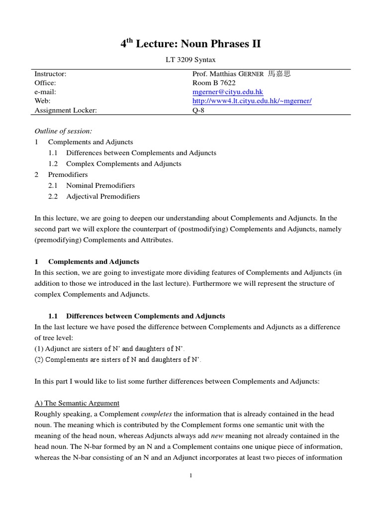 Noun Phrases: Complements & Adjuncts | PDF | Phrase | Semantic Units