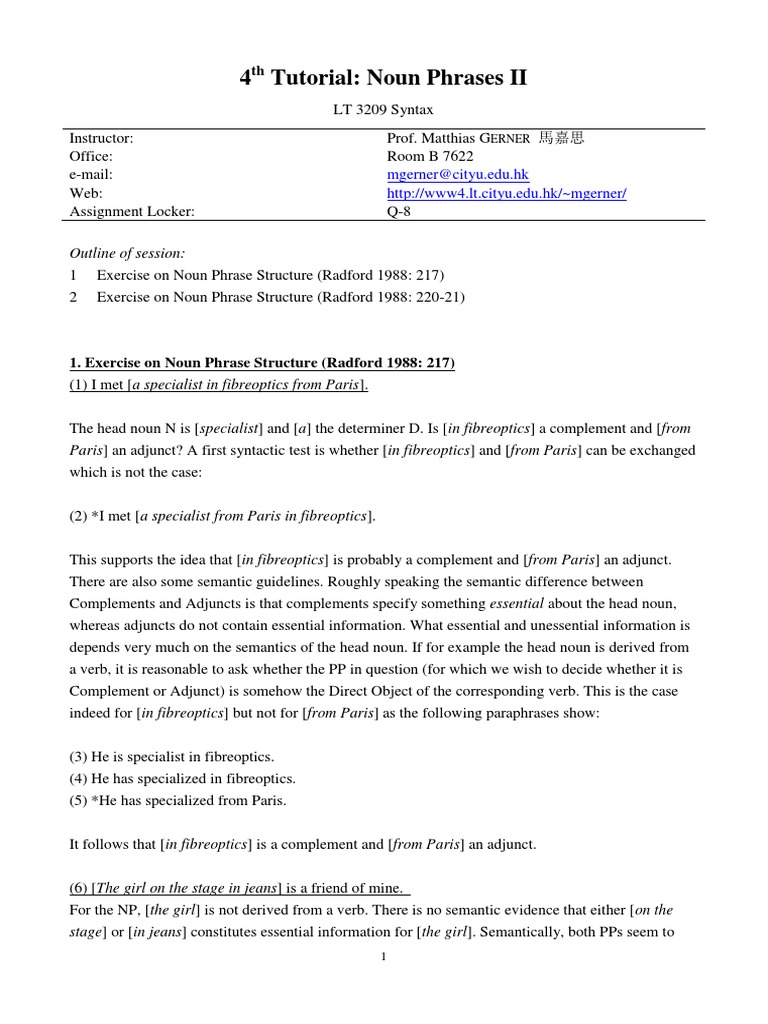 4th Tutorial (Noun Phrases II) .Revised PDF | PDF | Phrase | English ...