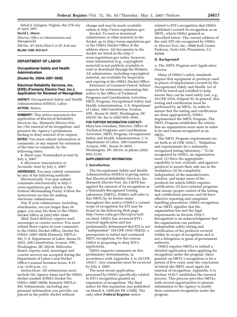 Notice: Nationally Recognized Testing Laboratories, Etc.: Electrical ...