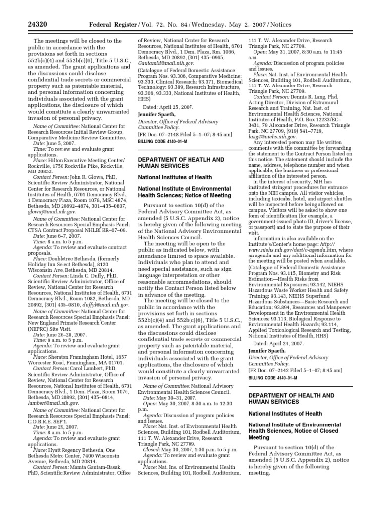 Notice: Meetings: National Institute of Environmental Health Sciences ...