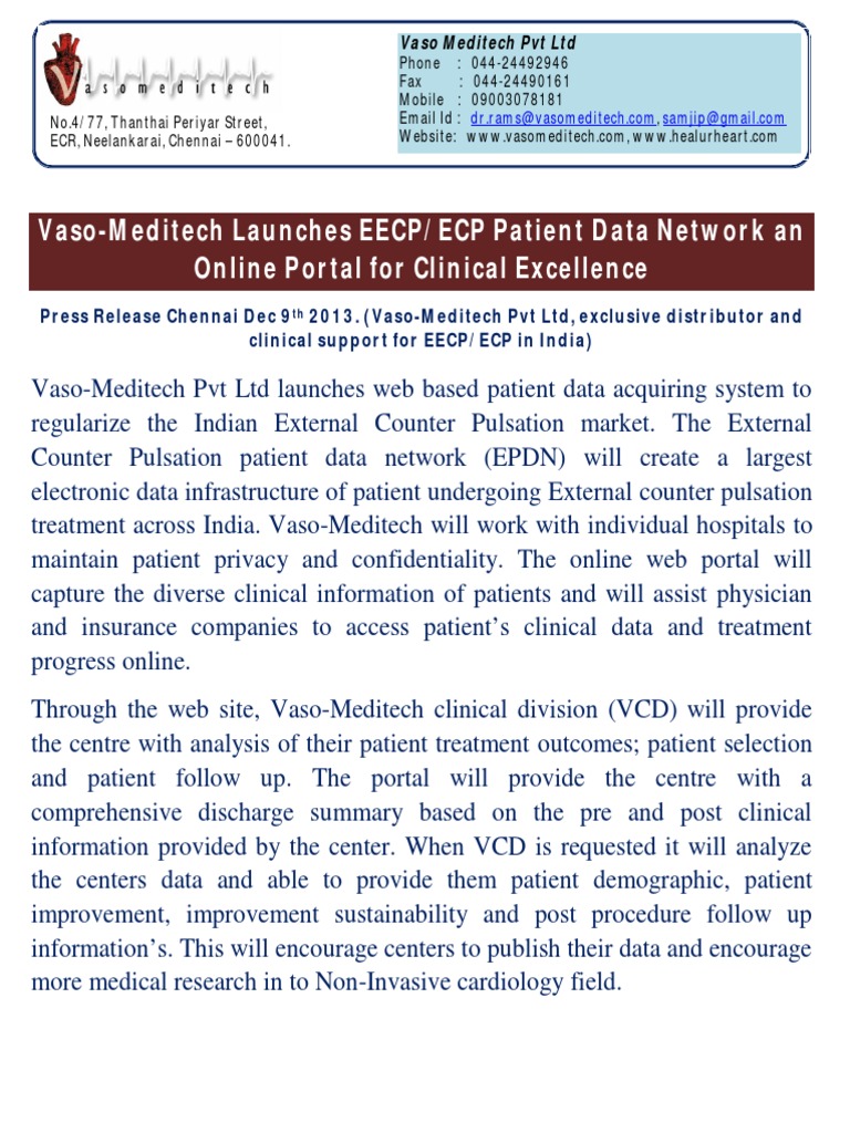Vaso-Meditech Launches EECP/ECP Patient Data Network An Online Portal ...