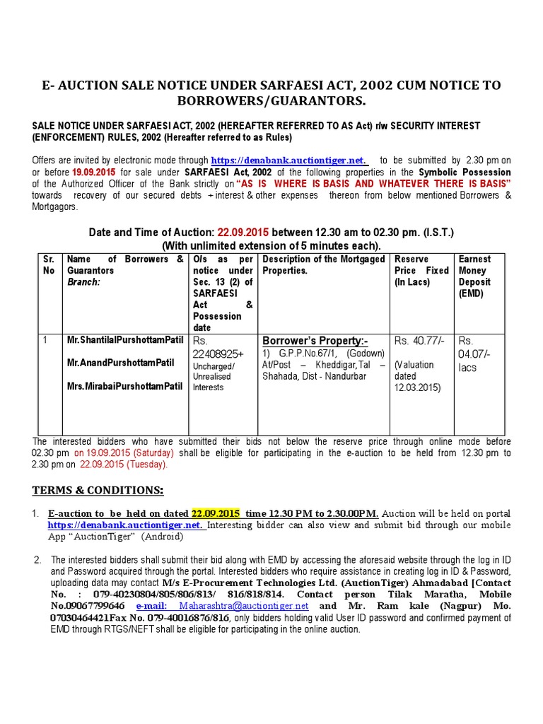 Dena Bank Sale Notice | PDF | Auction | Mortgage Law