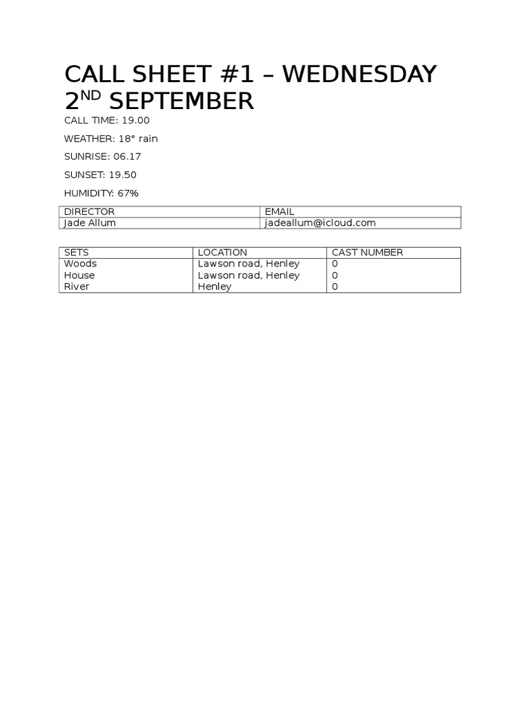Call Sheet for September 2 Shoot | PDF