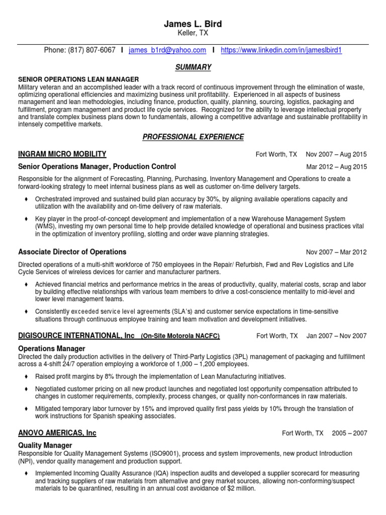 Senior Operations Lean Manager in Dallas Fort Worth TX Resume James ...