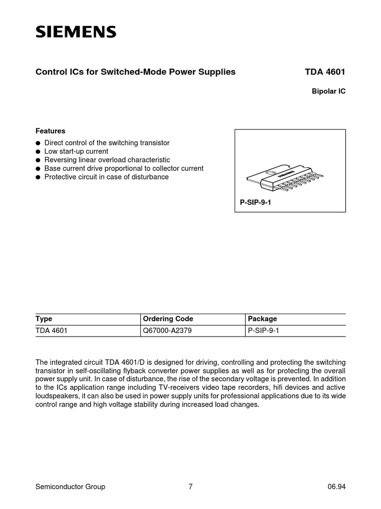 Control Ics For Switched-Mode Power Supplies Tda 4601: Bipolar Ic | PDF | Power Supply | Amplifier