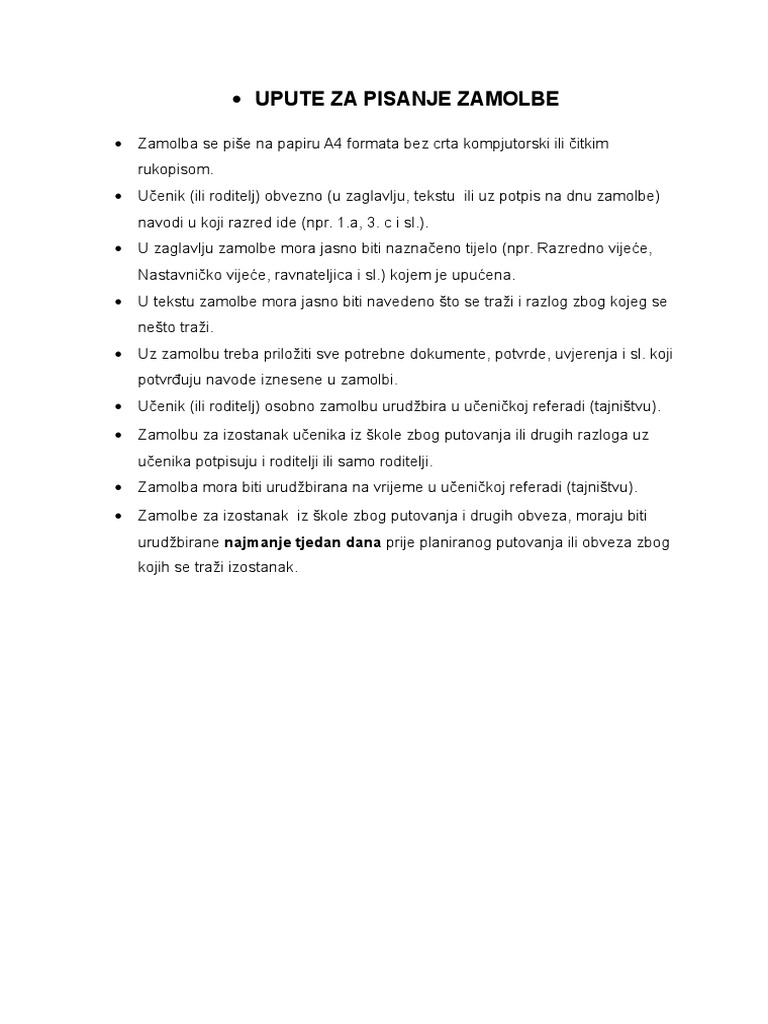 Primjer Zamolbe Za Ucenike | PDF