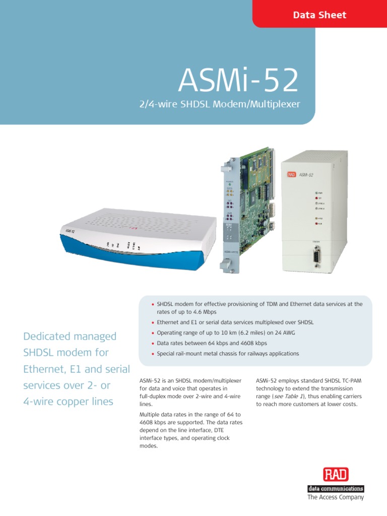 Asmi-52: 2/4-Wire SHDSL Modem/Multiplexer | PDF | Modem | Electrical ...