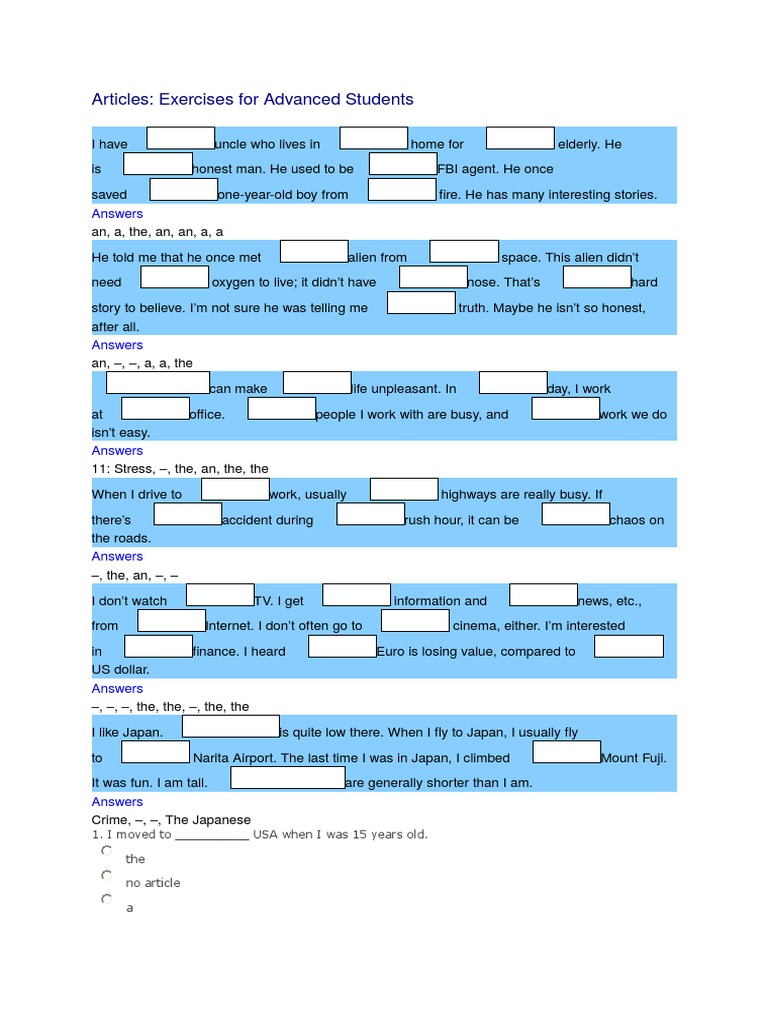 Advanced Articles Exercises with Answers | PDF