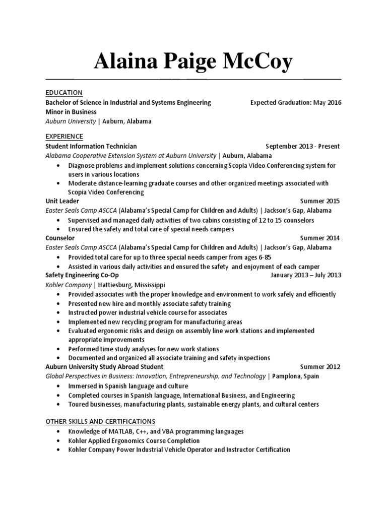 Alaina Mccoy Resume August 2015 | PDF | Career & Growth