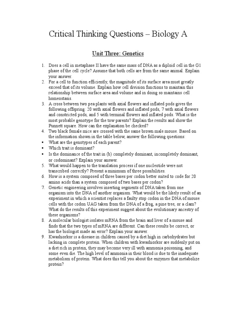 Critical Thinking Questions - Biology A: Unit Three: Genetics | PDF ...