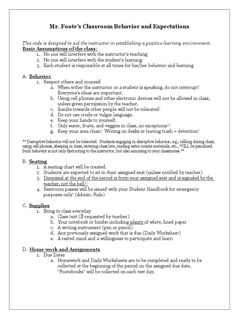 Classroom Behavior and Expectations | PDF | Homework | Pedagogy